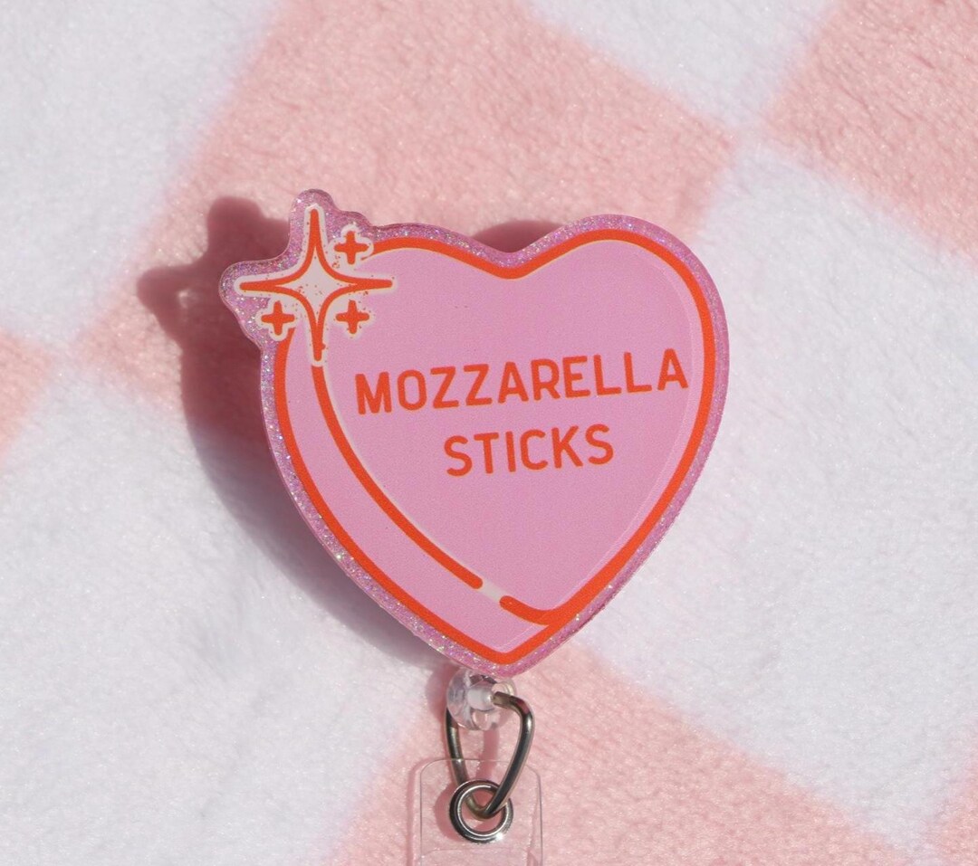 Mozzarella Sticks Heart Badge Reel: Pink Glitter Resin, Nurse Teacher ...