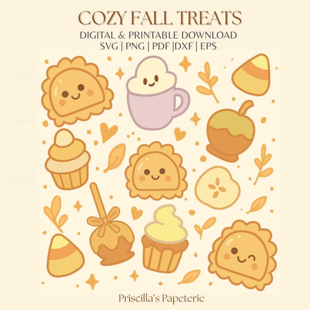 Cozy Fall Treats Clipart Bundle, Thanksgiving, Kawaii (digital Download ...