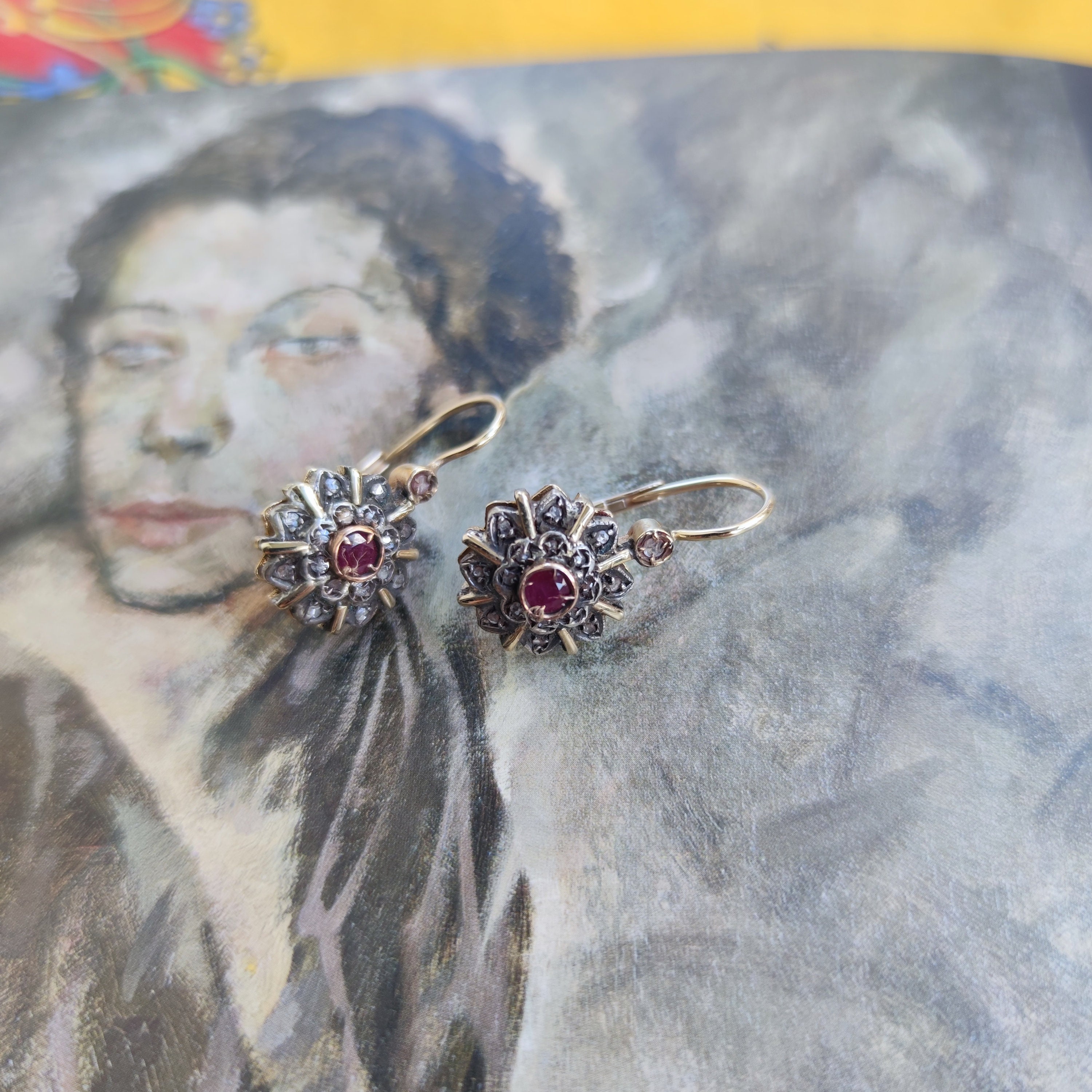 Antique Diamond Earring, Victorian 14K Red Ruby and Rose Cut Diamond ...