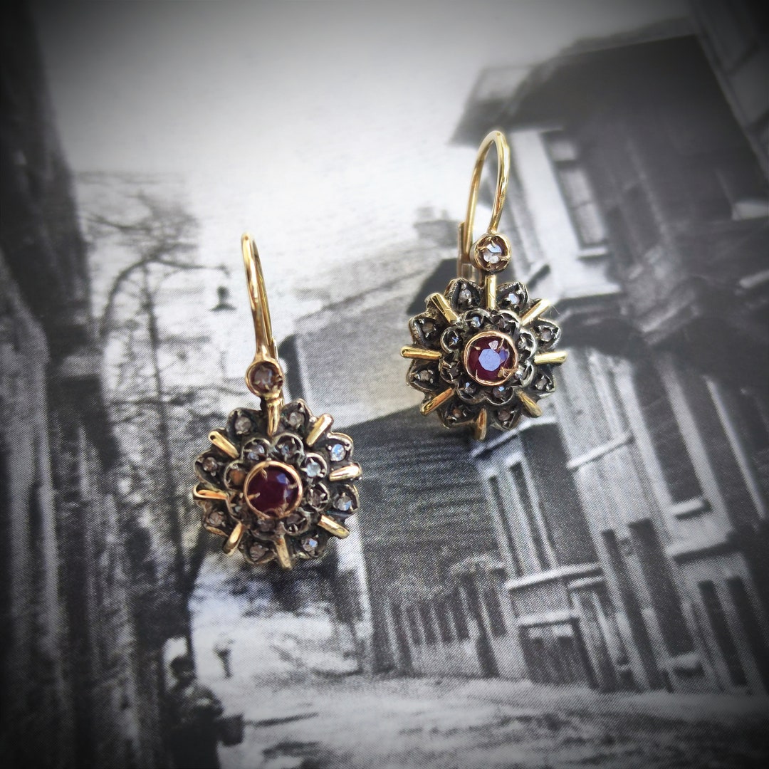 Antique Diamond Earring, Victorian 14K Red Ruby and Rose Cut Diamond ...