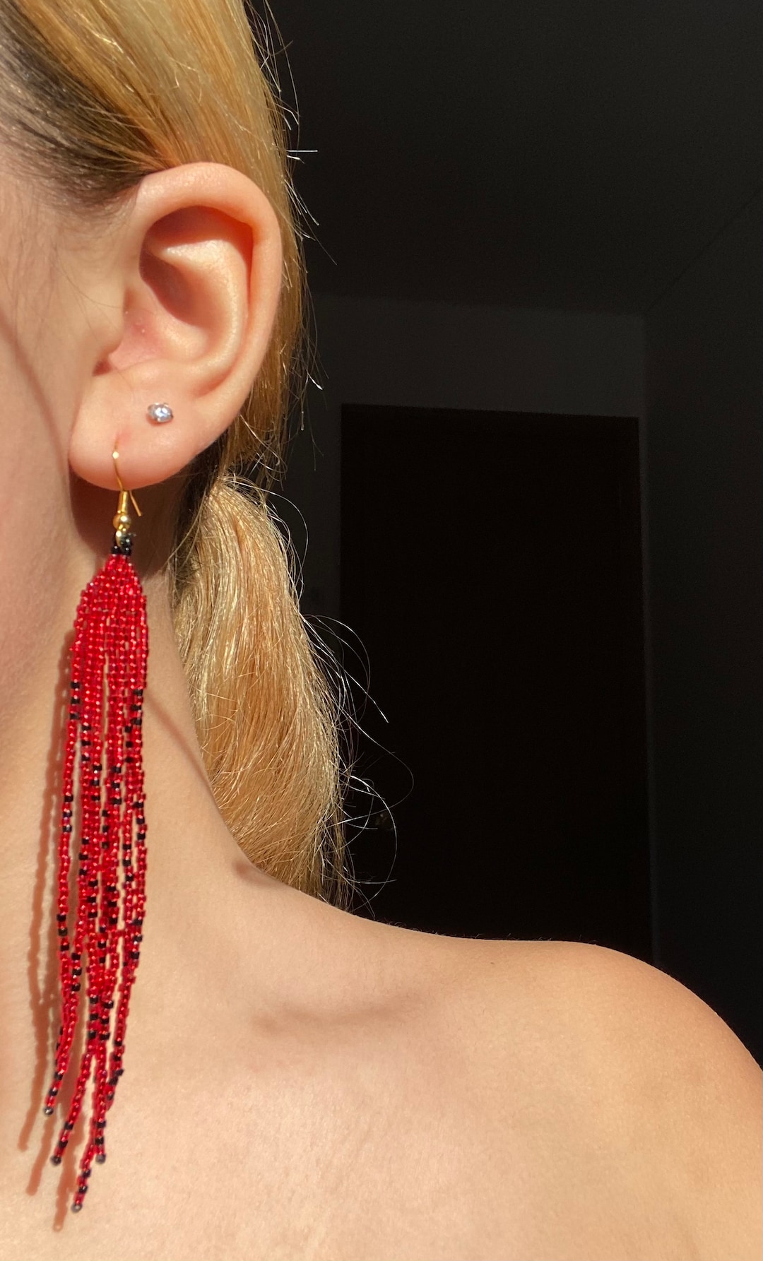 Long Shimmering Red Black Beaded Fringe Earrings - Etsy