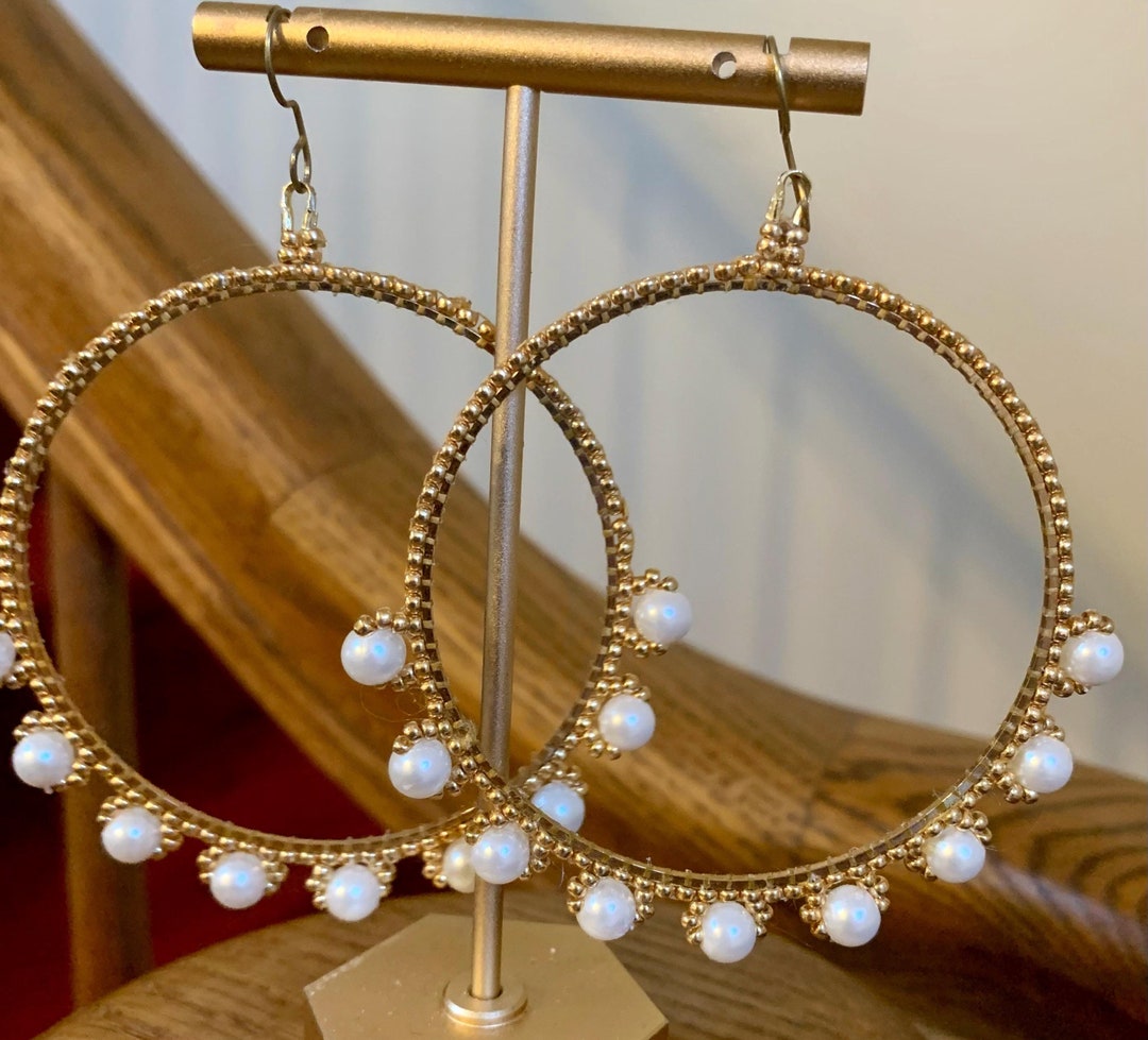 Gold Pearl Beaded Hoop Earrings - Etsy