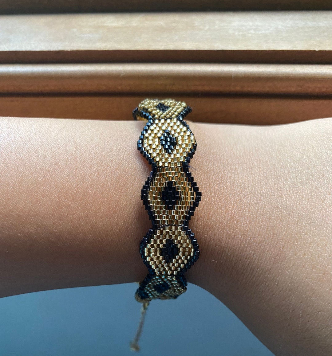 Beaded Black Gold Diamond Pattern Bracelet - Etsy