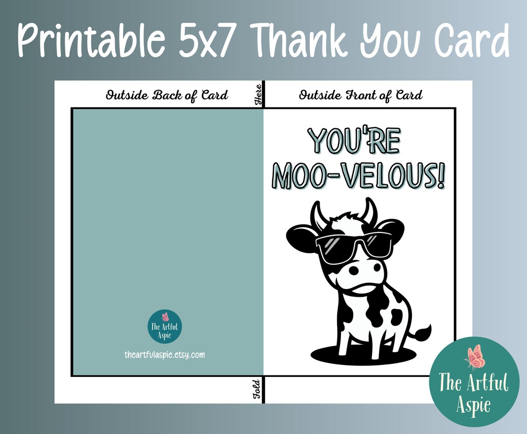 Cow Thank You Card 5x7 Greeting Card Printable PDF 8.5 X 11 Print-at ...