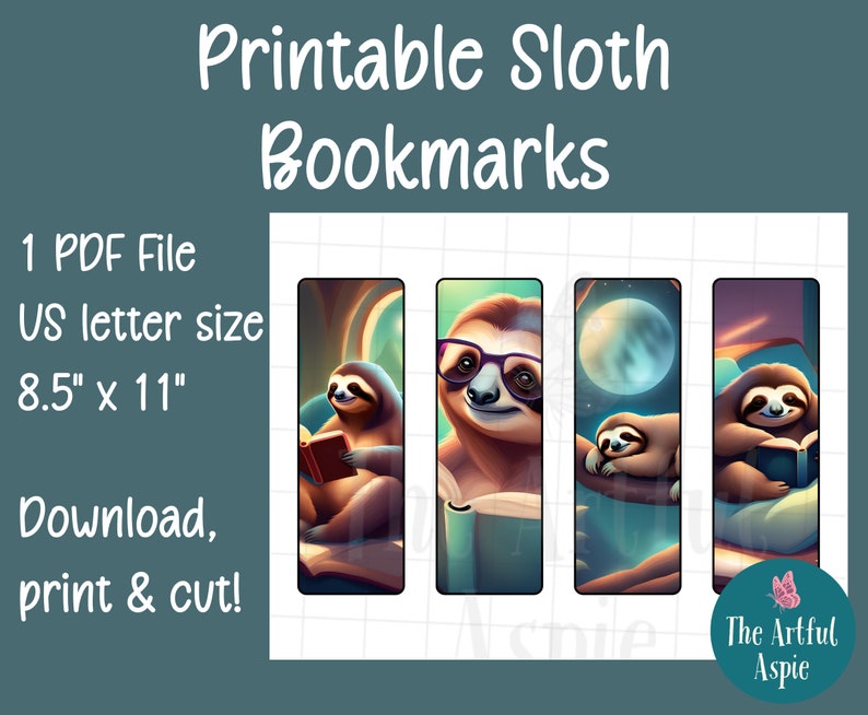 Reading Sloth Printable Bookmarks Set of 4 Perfect Gift for Animal ...