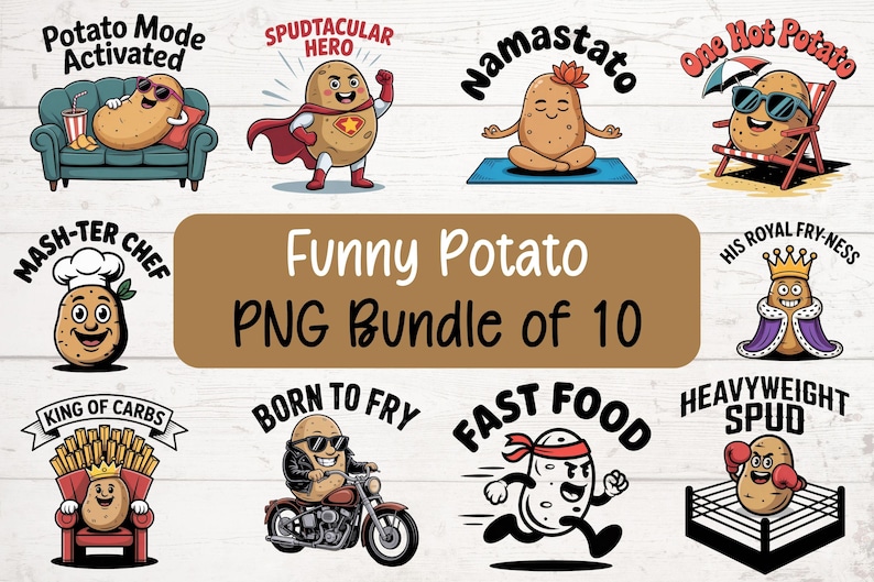 Funny Potato Pun PNG Bundle | Cute Cartoon Spud Clipart | Lazy, Yoga ...