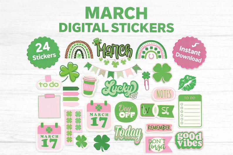 March Digital Stickers | St. Patrick's Day Planner Elements (digital ...