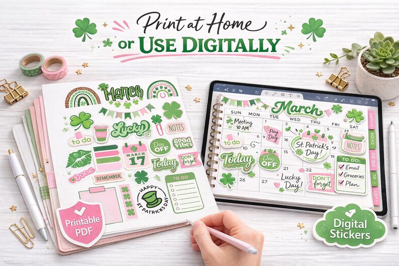 March Digital Stickers | St. Patrick's Day Planner Elements (digital ...