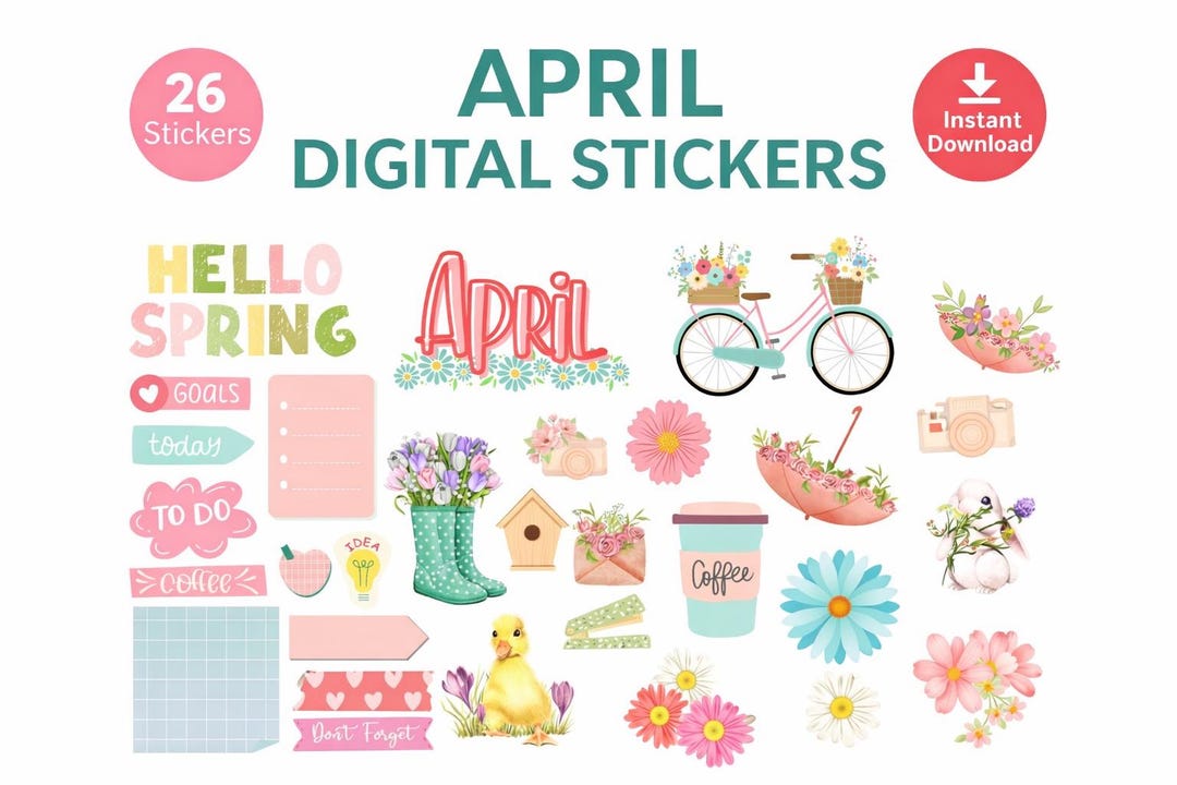 April Digital Planner Stickers | Spring Floral PNG Elements (digital ...