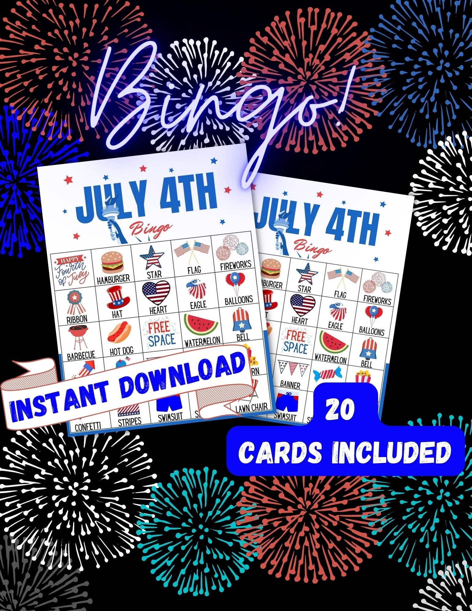 July 4th Bingo, Kids Activity, Printable, Bingo Cards, Independence Day ...