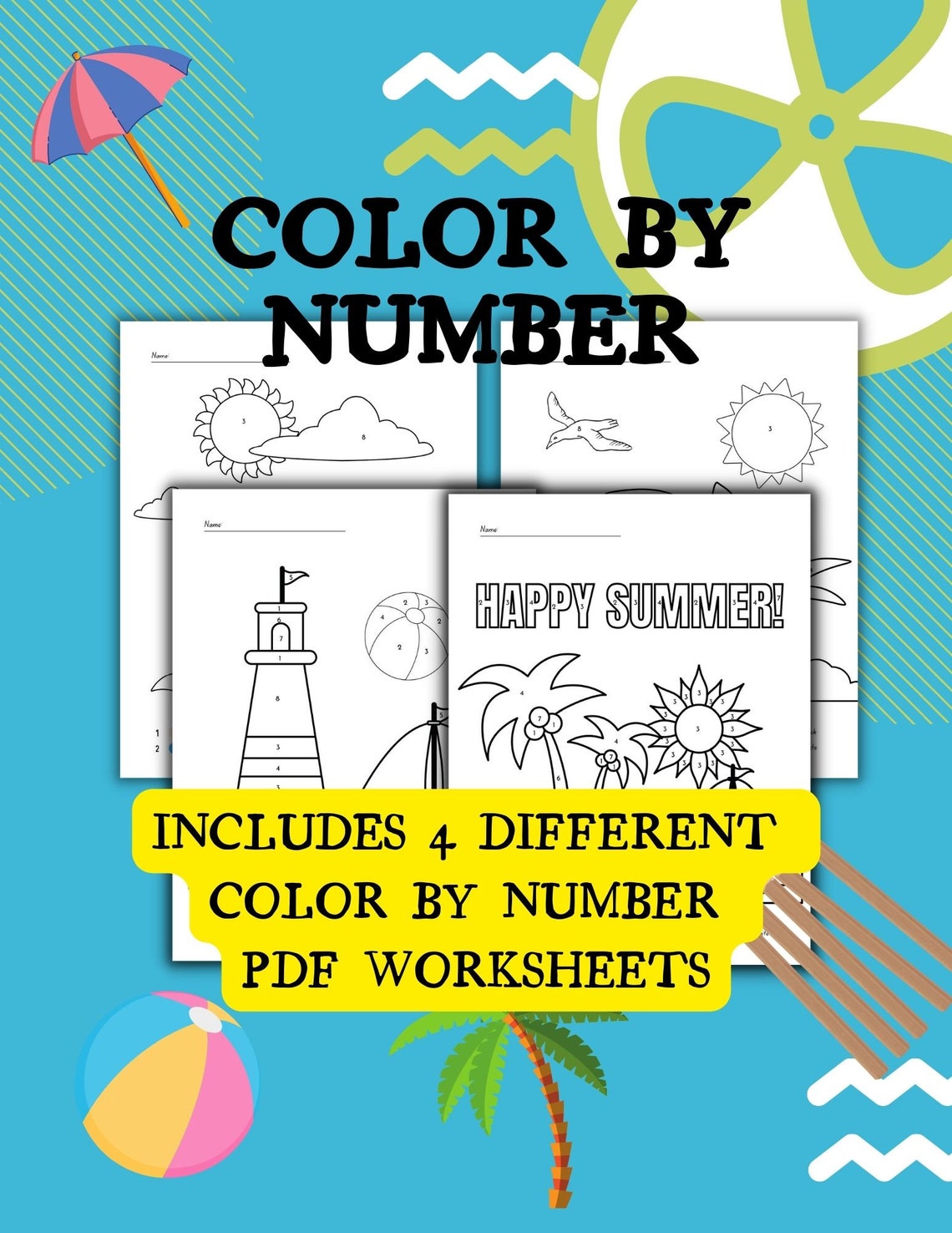 Summer Color by Number, Color by Number, Coloring Game, Printable ...