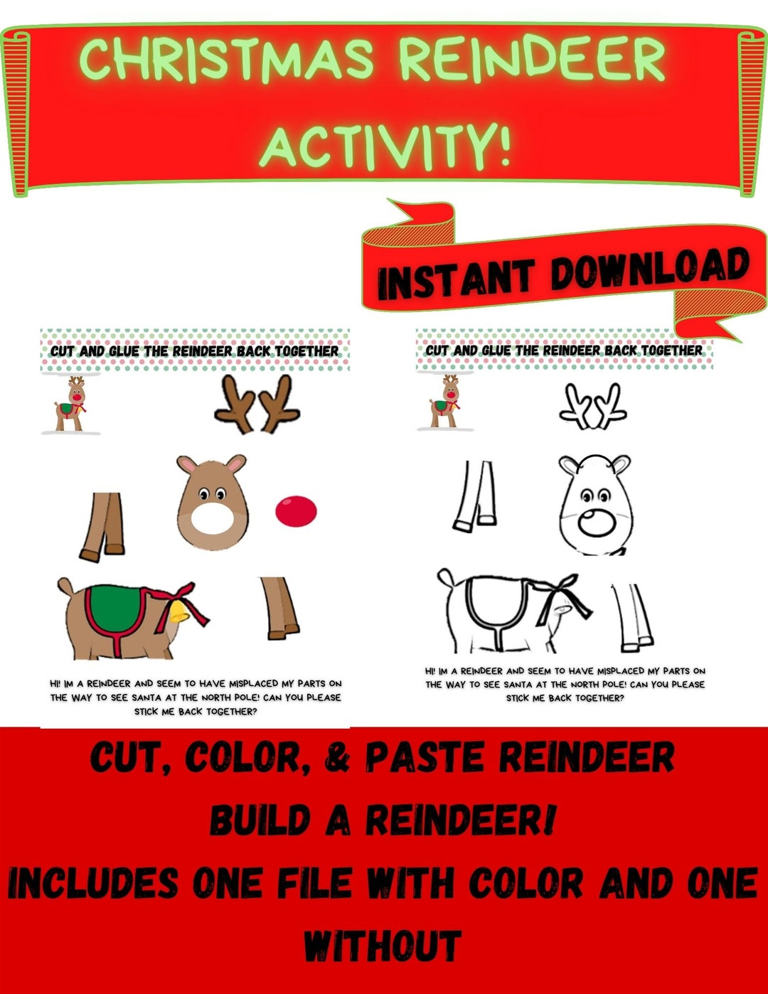 Christmas Activity Reindeer Craft Christmas! Cut and Paste Art Project ...