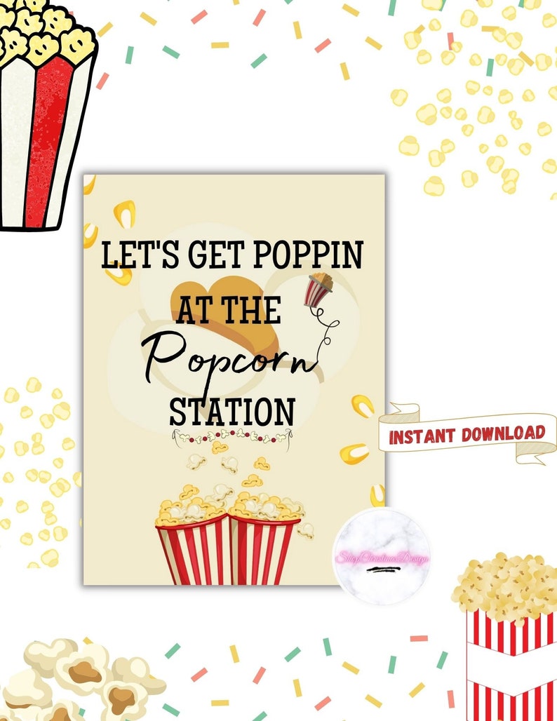 Popcorn Sign, Party Sign, Digital, Popcorn Station, Kids Popcorn Stand ...