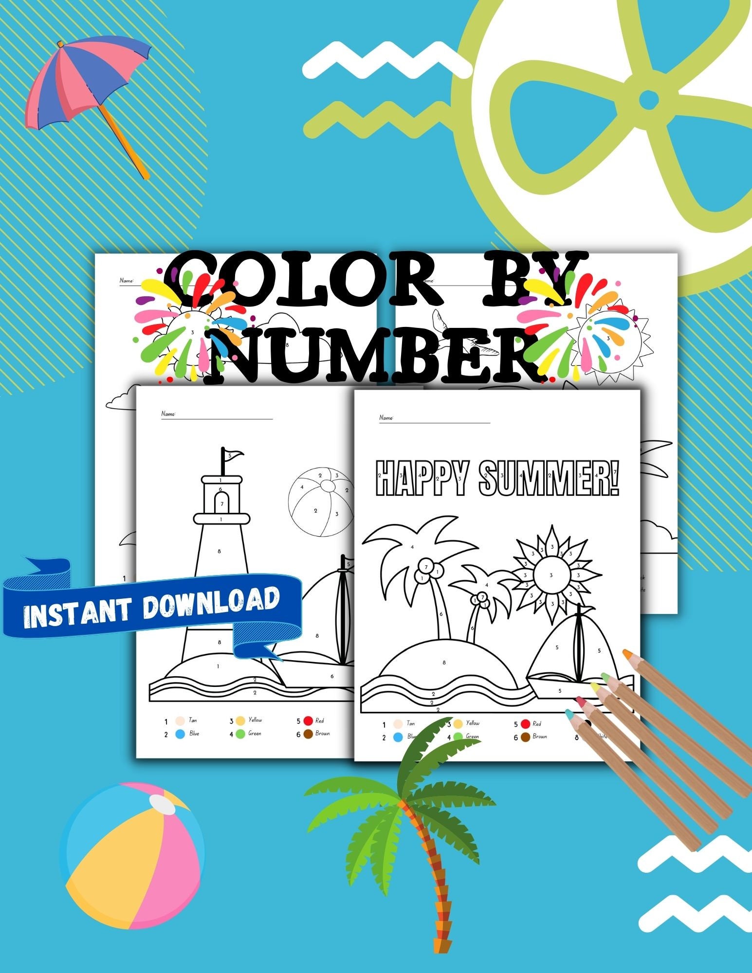 Summer Color by Number, Color by Number, Coloring Game, Printable ...