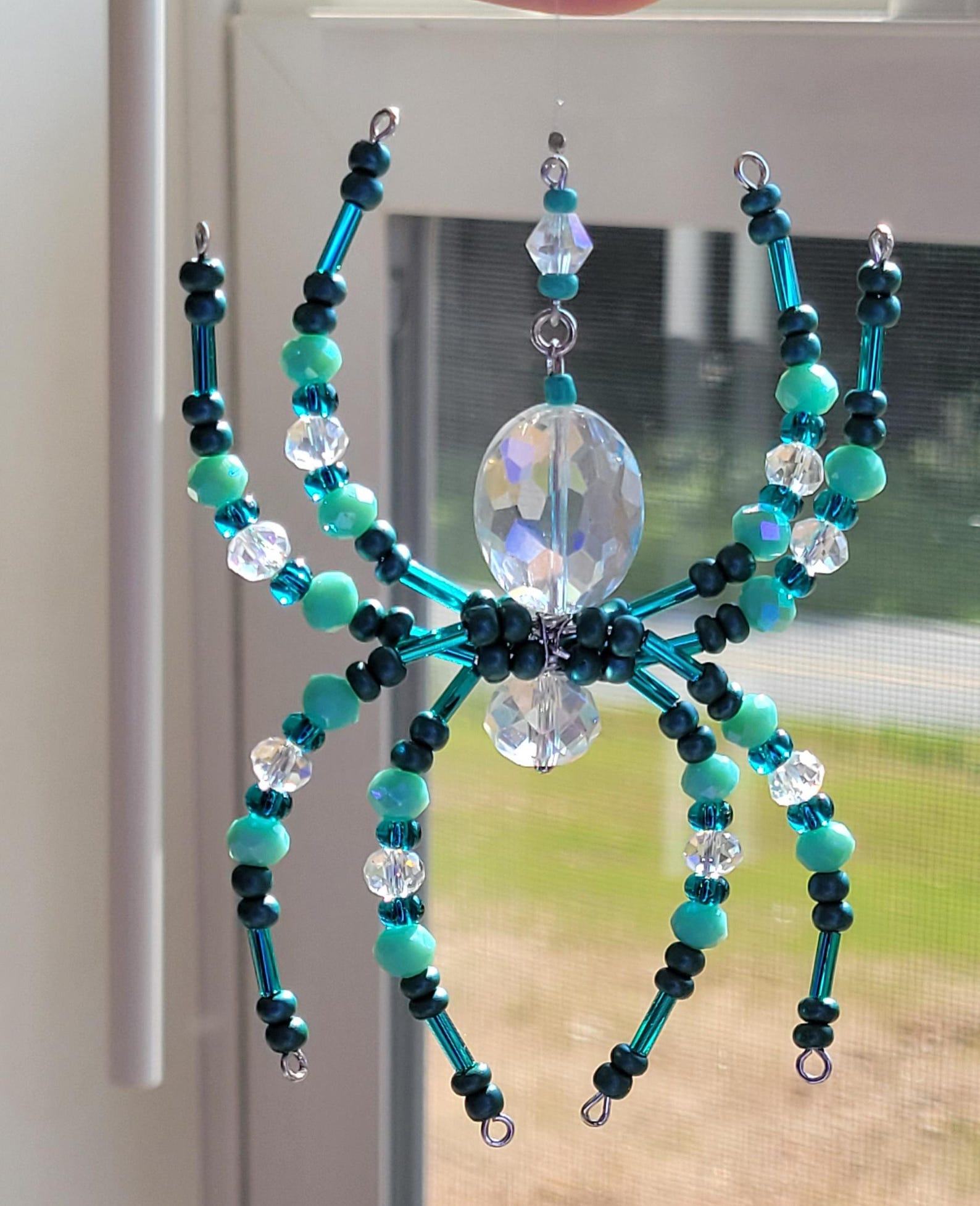 Teal Spider Suncatcher, Glass Beaded Suncatcher, Handcrafted, Window ...
