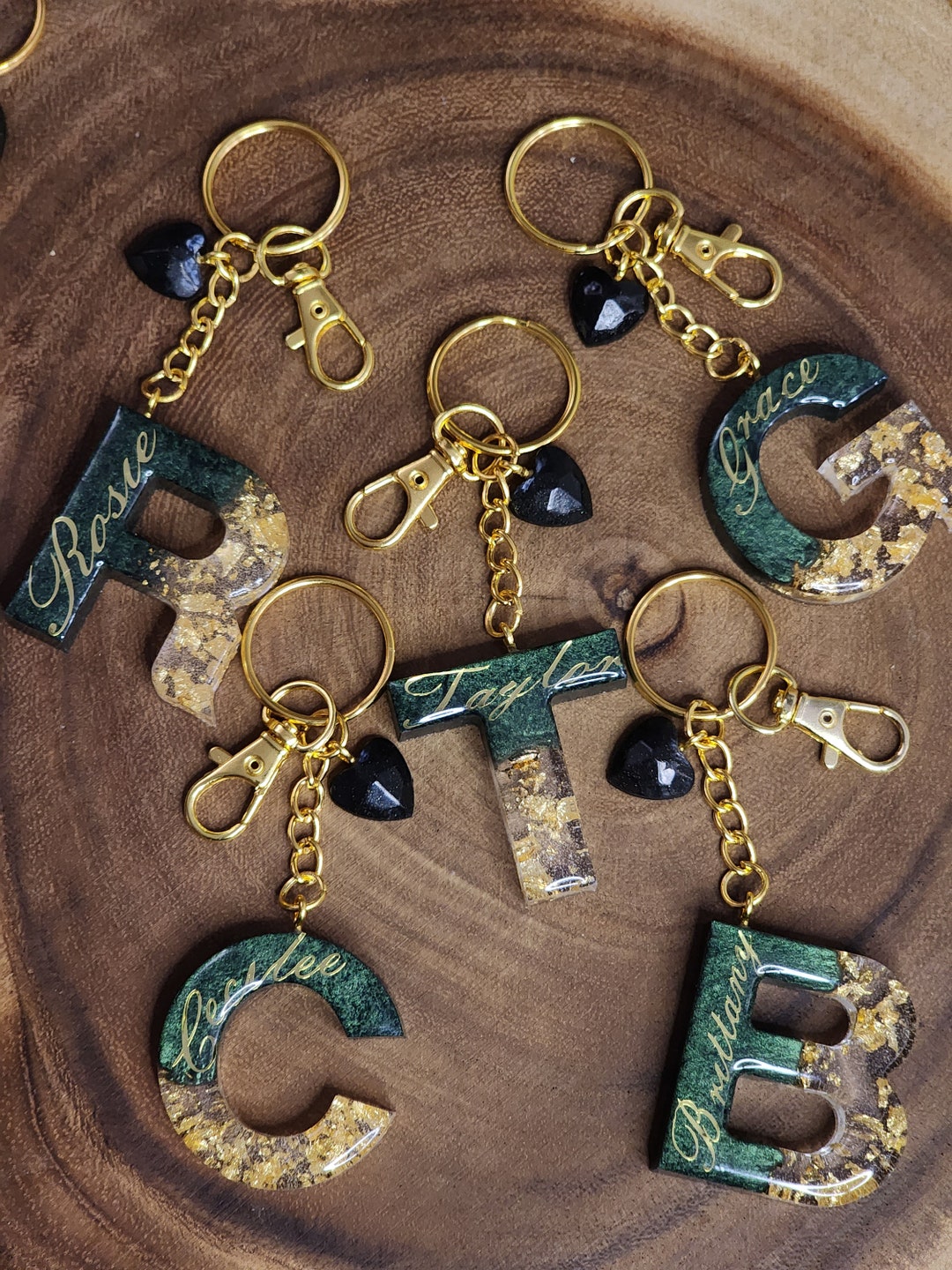 Personalized Custom Handmade Resin Letter Gold / Green Keychain ...