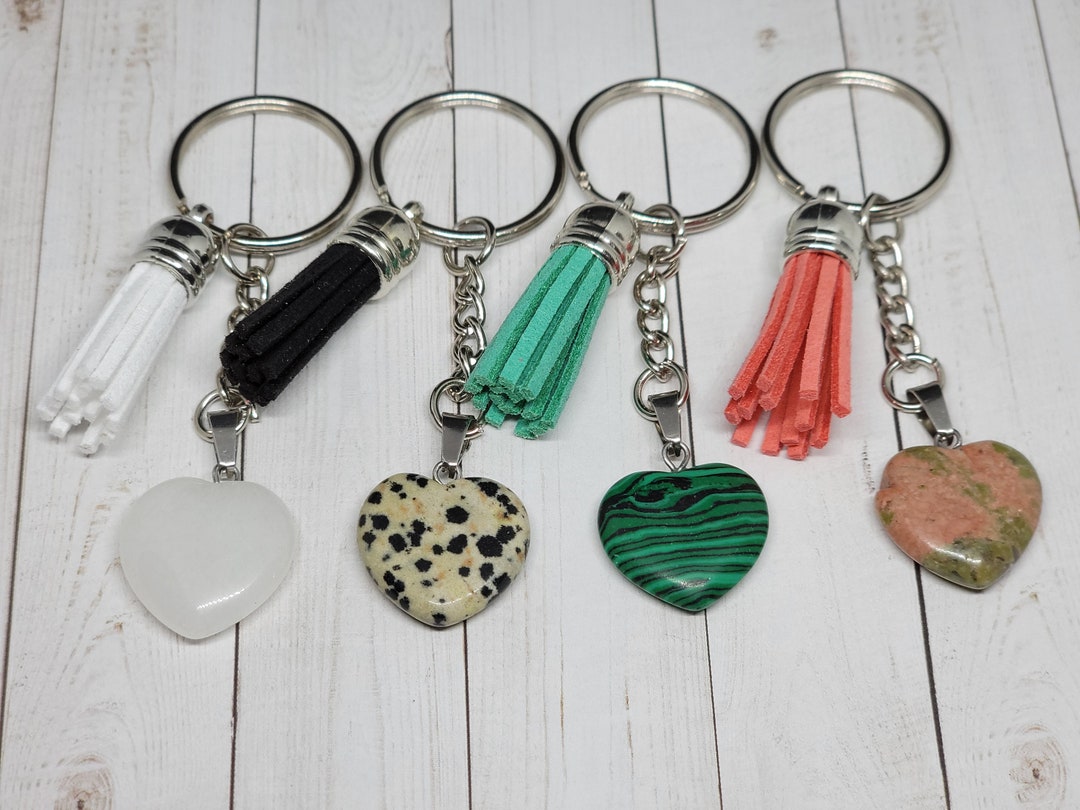 Natural Heart Crystal Point Keychain Gemstone Mm Key Ring Heart Healing ...