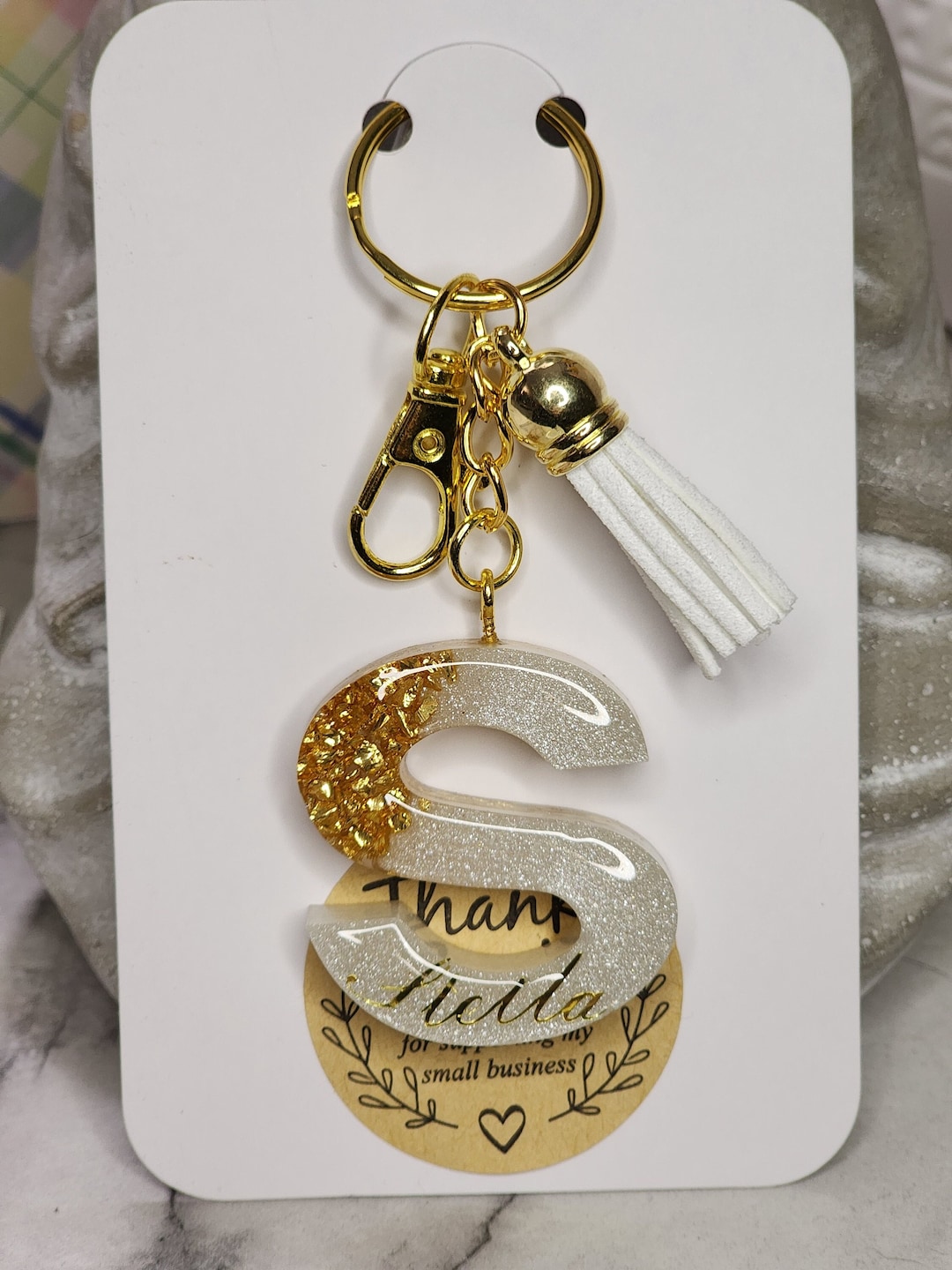 Personalized Custom Handmade Resin Gold Letter Keychain | Keyring Gift ...