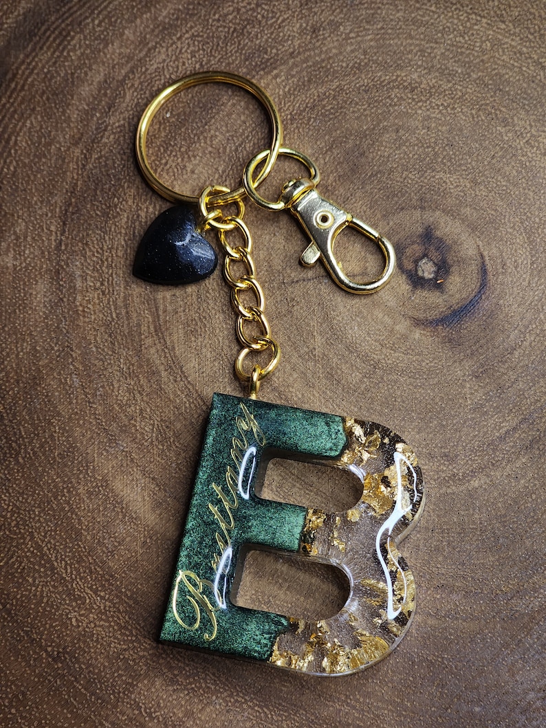 Custom Resin Letter Keychain: Green Glimmer With Gold Flakes - Etsy