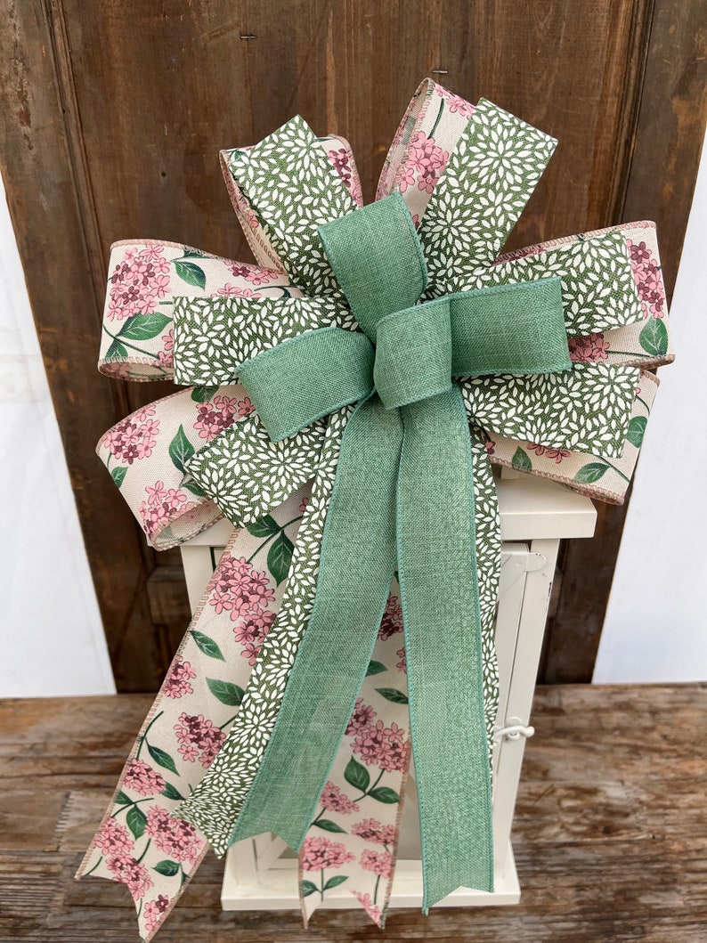 Spring Pink Flowers Bow, Hydrangea Ribbon Flowers Wreath Bow, Spring ...