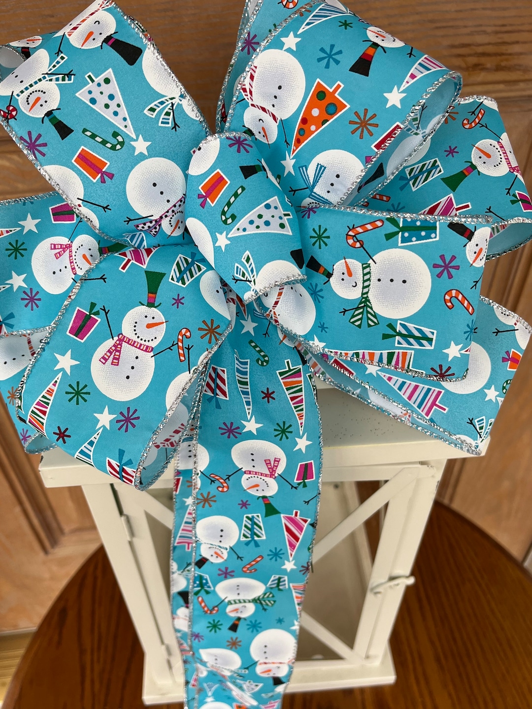 Snowman Bow, Blue Christmas Bow, Snowman Wreath Bow, Christmas Wreath ...