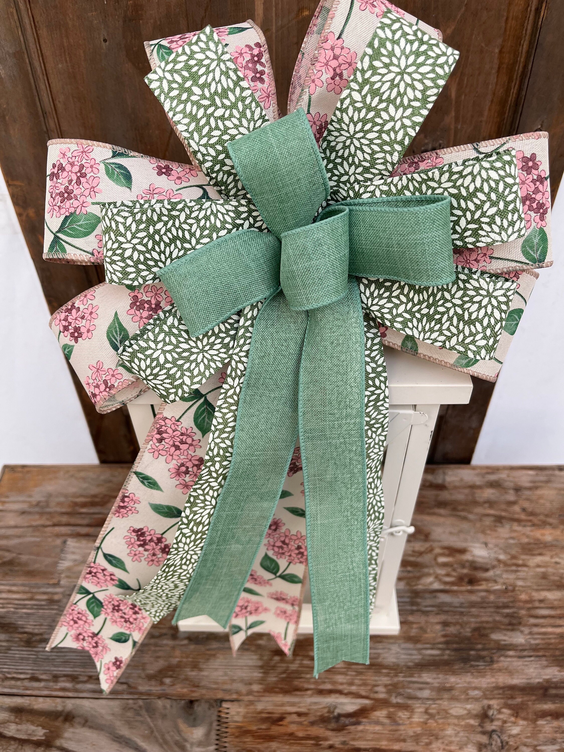 Spring Pink Flowers Bow, Hydrangea Ribbon Flowers Wreath Bow, Spring ...