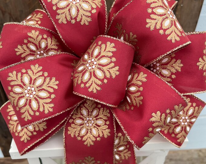 Christmas Bow, Red and Gold Bow, Gold and Red Snowflake Wreath Bow ...