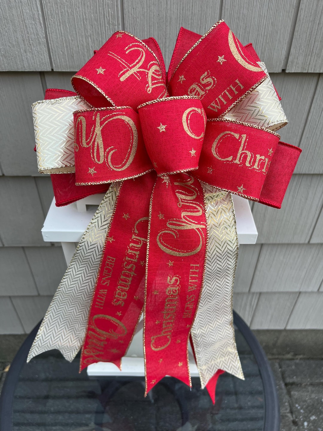 Gold and Red Bow, Religious Bow, Jesus, Christmas Begins With Christ ...