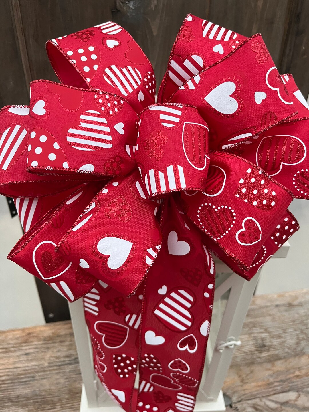 Hearts Bow, Valentine’s Day Bow, Valentines Wreath Bow, Red and White ...