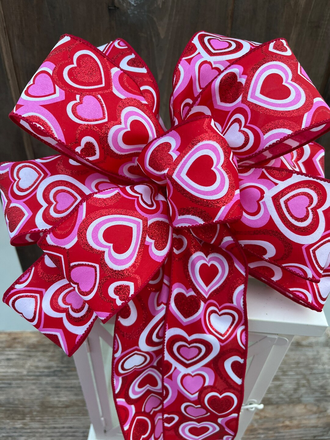 Valentine’s Day Bow, Hearts Bow, Valentine Pink and Red Hearts Bow ...