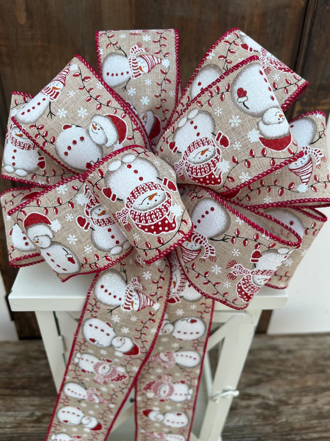 Snowman Bow, Red Snowman Bow, Snowman on Linen Wreath Bow, Snowman and ...