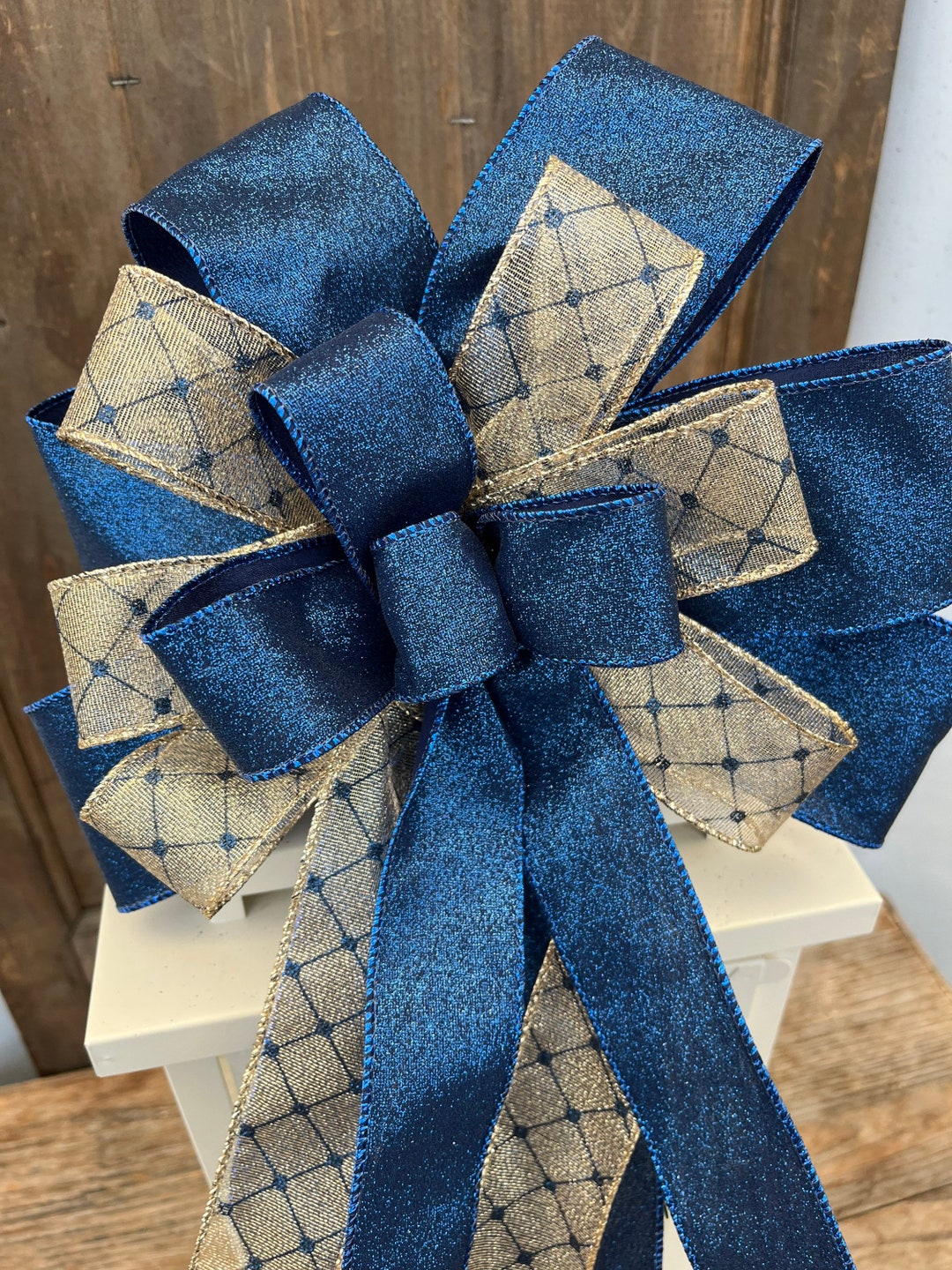Blue and Gold Bow, Blue Christmas Bow, Christmas Gold and Blue Bow ...
