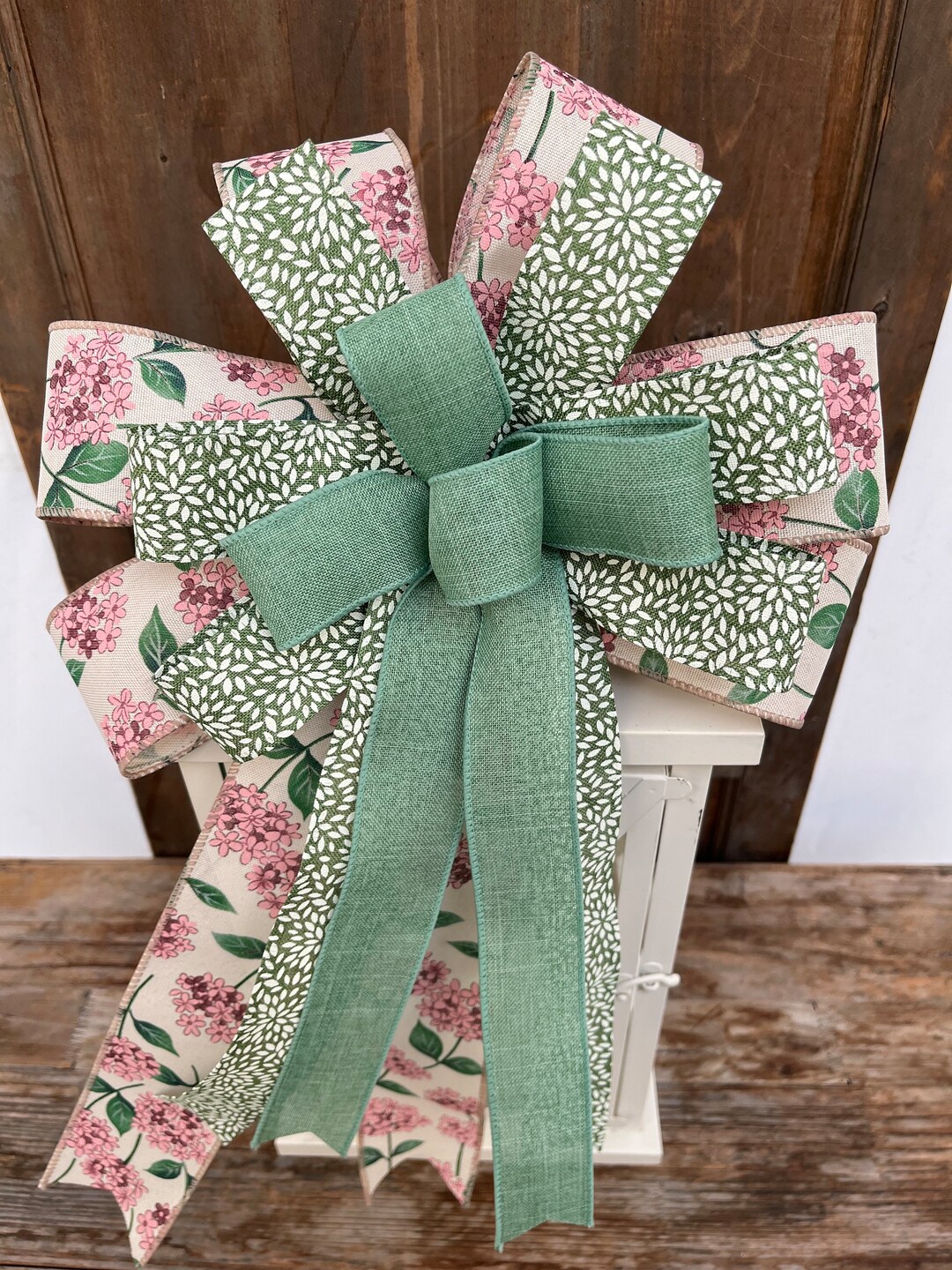 Spring Pink Flowers Bow, Hydrangea Ribbon Flowers Wreath Bow, Spring ...