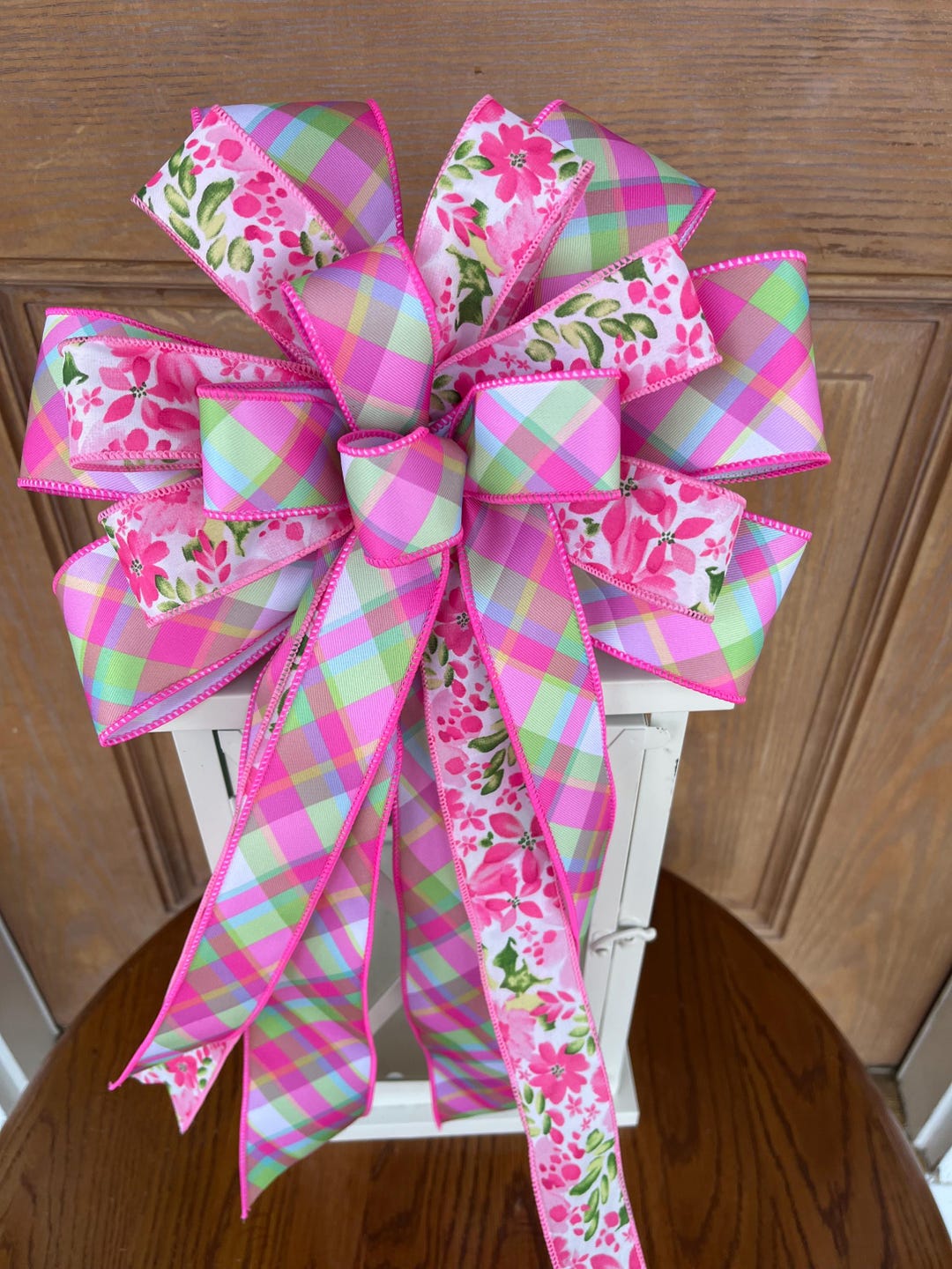 Spring Bow, Spring Pink Flowers Bow, Spring Wreath Bow, Spring Lantern ...