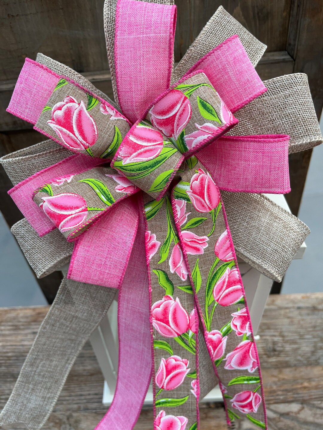 Tulips Bow, Pink Tulips Spring Bow, Spring Wreath Bow, Spring Lantern ...