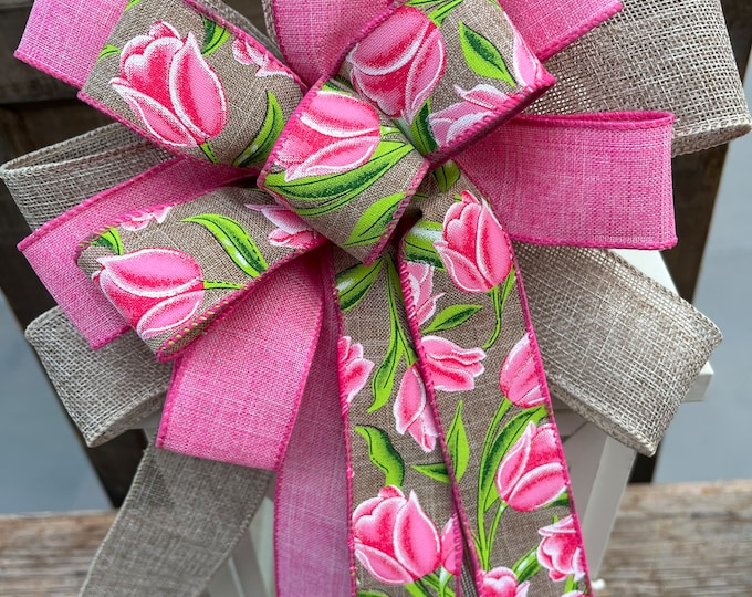Tulips Bow, Pink Tulips Spring Bow, Spring Wreath Bow, Spring Lantern ...