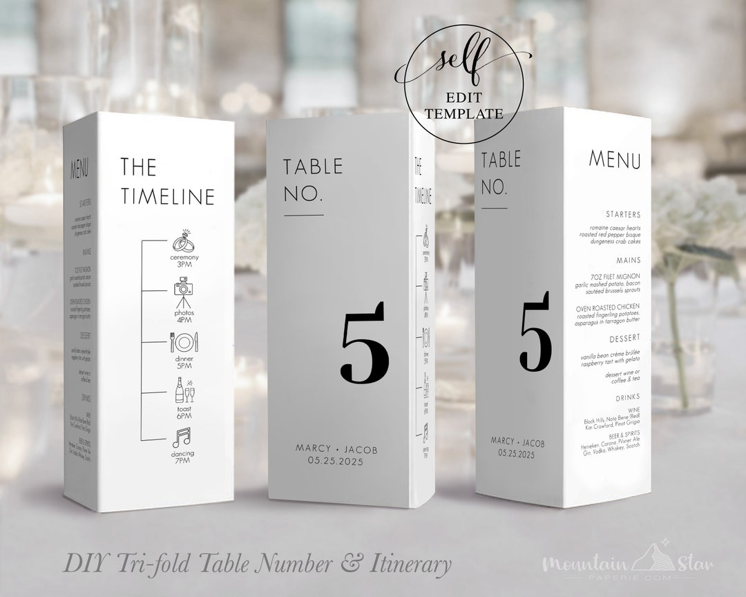 DIY Tri-fold Itinerary & Table Number Cards, Free Standing Menu Cards ...