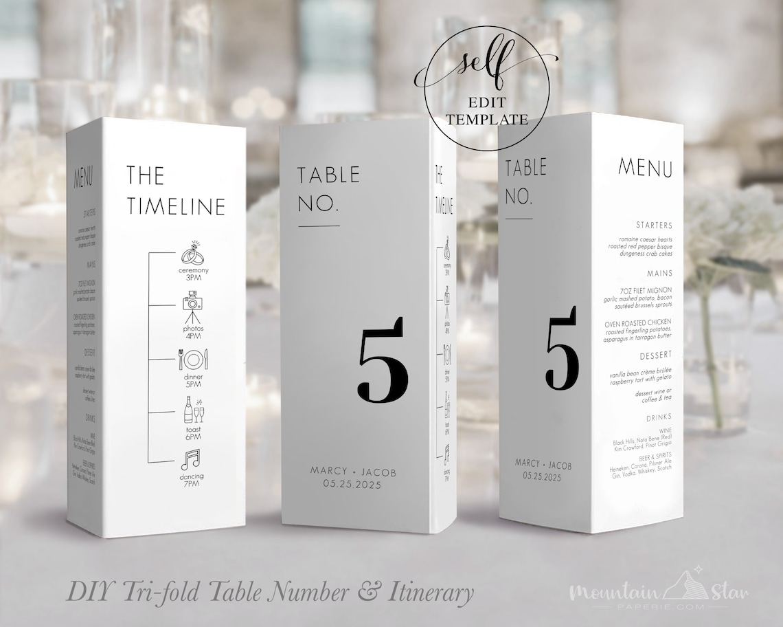 DIY Tri-fold Itinerary & Table Number Cards, Free Standing Menu Cards ...