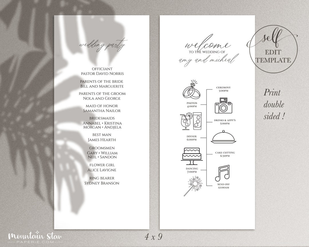 DIY ~ Timeline Itinerary Template ~ Wedding Program 4x9 - Etsy