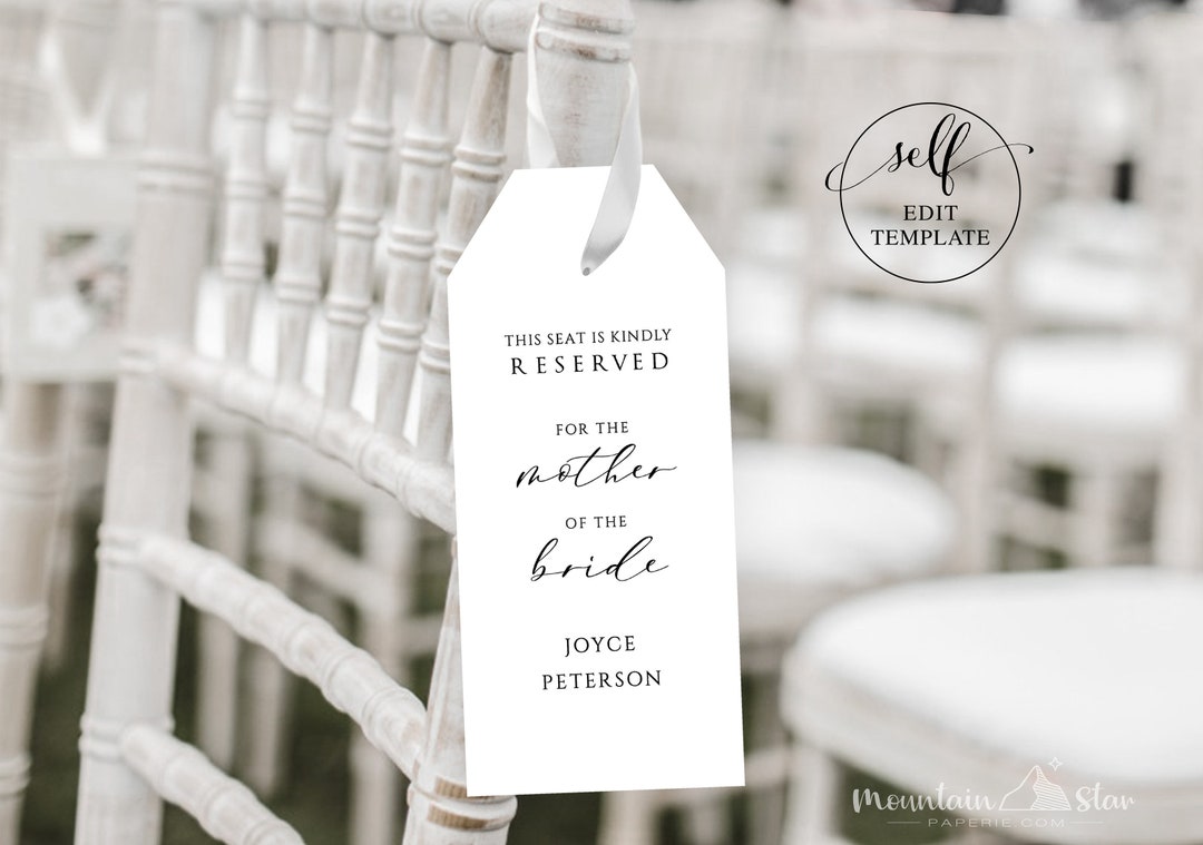 DIY ~ Reserved Seating Wedding Ceremony Chair Tag Template - Etsy