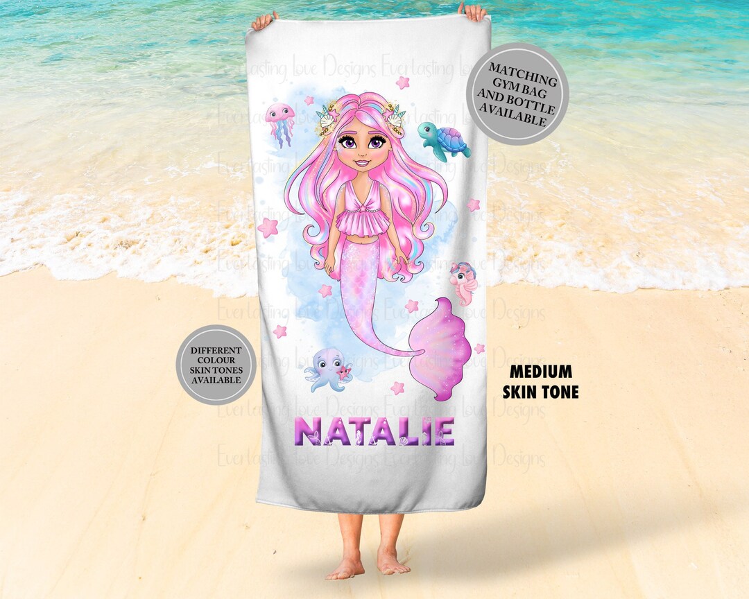 Pink Mermaid Towel, Personalised Beach Towel Matching Bag & Swimming ...