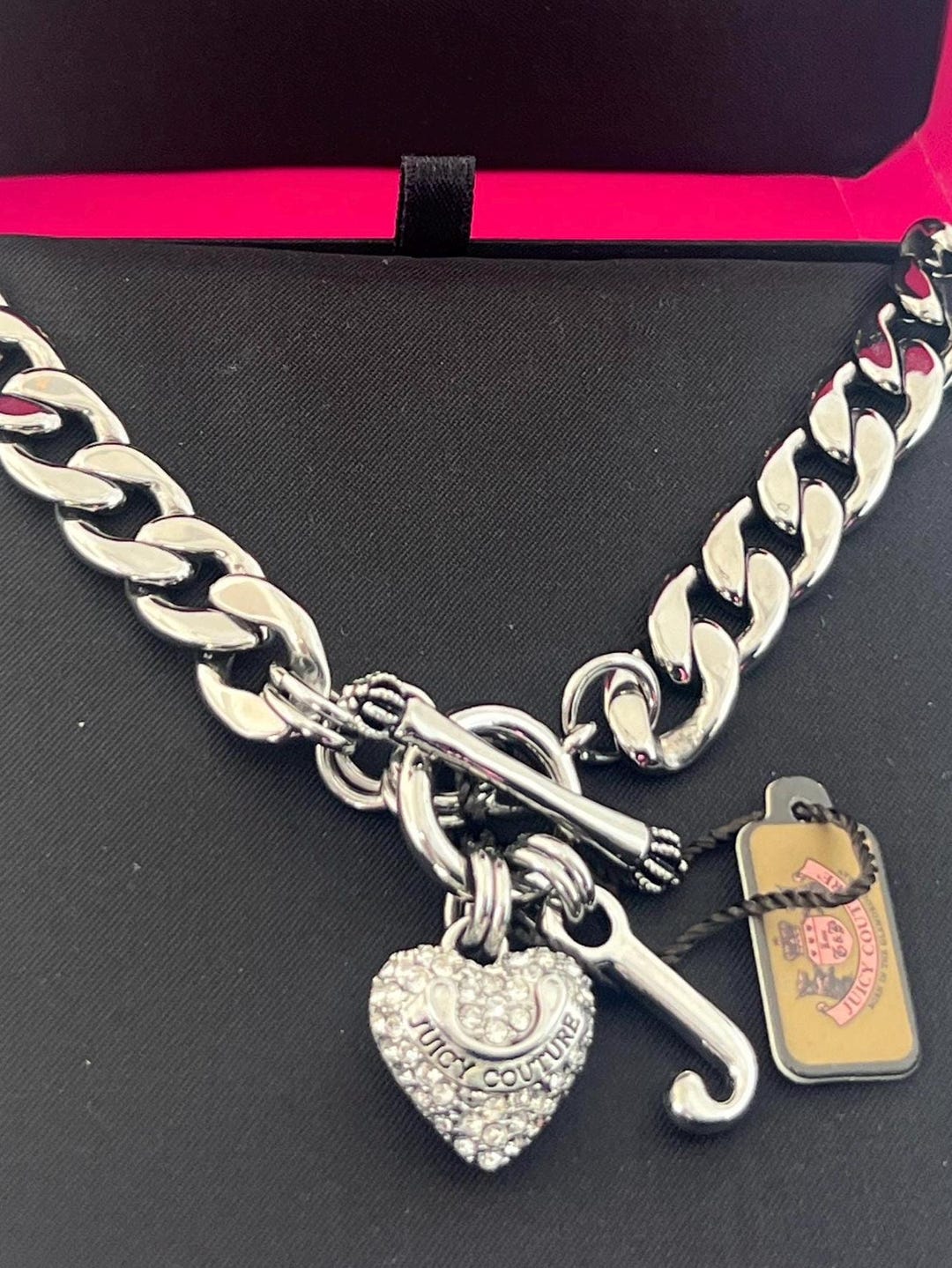 NWT JUICY COUTURE Silver Pave Puff Heart Banner Starter Necklace ...