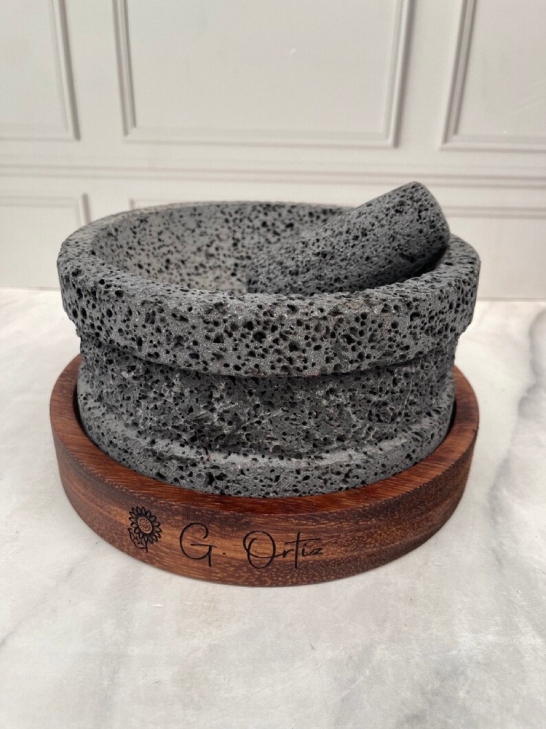 Tetexti Molcajete and Tejolote Made of Volcanic Stone With Wood Base ...
