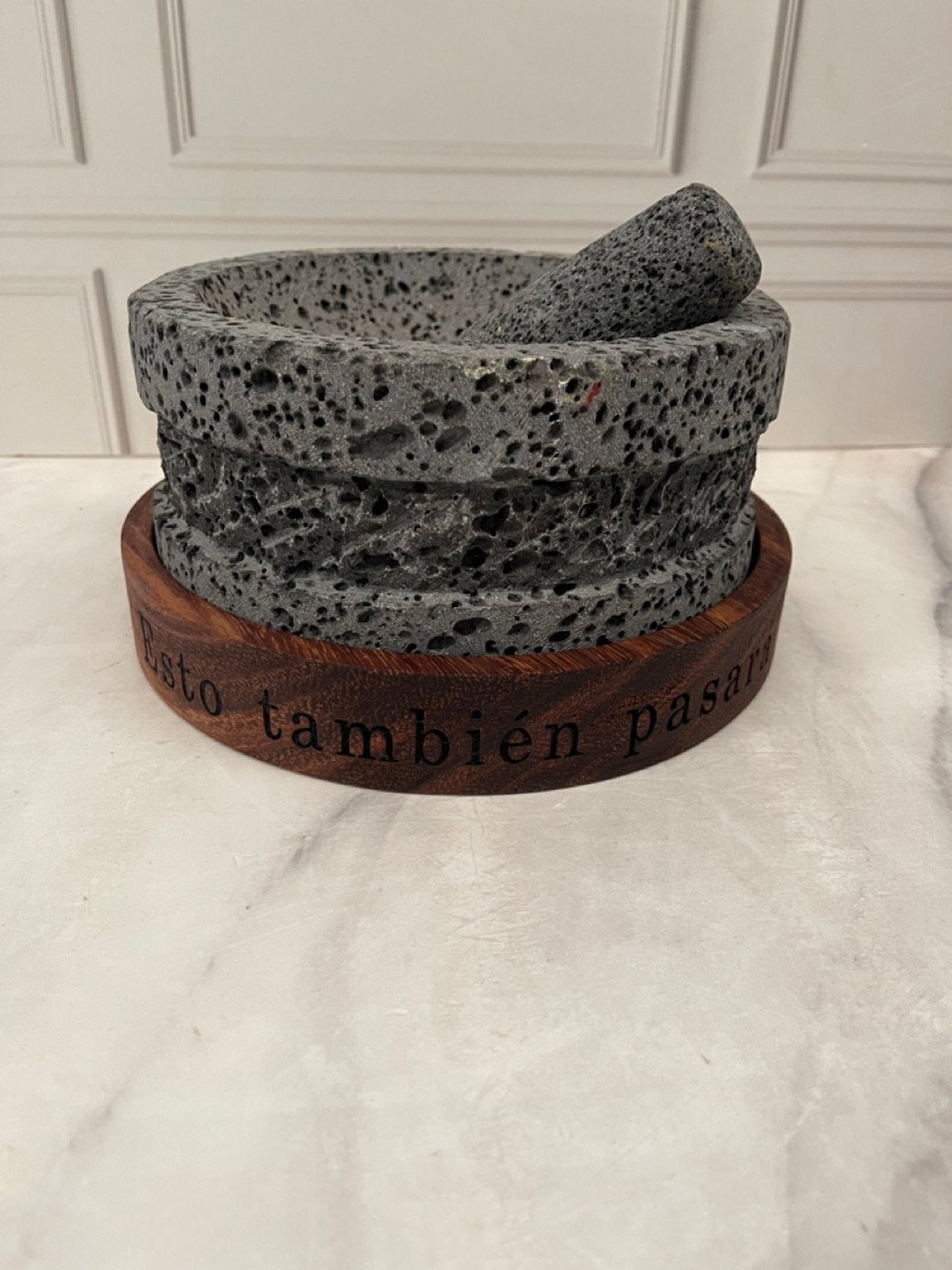 Tetexti Molcajete and Tejolote Made of Volcanic Stone With Wood Base ...