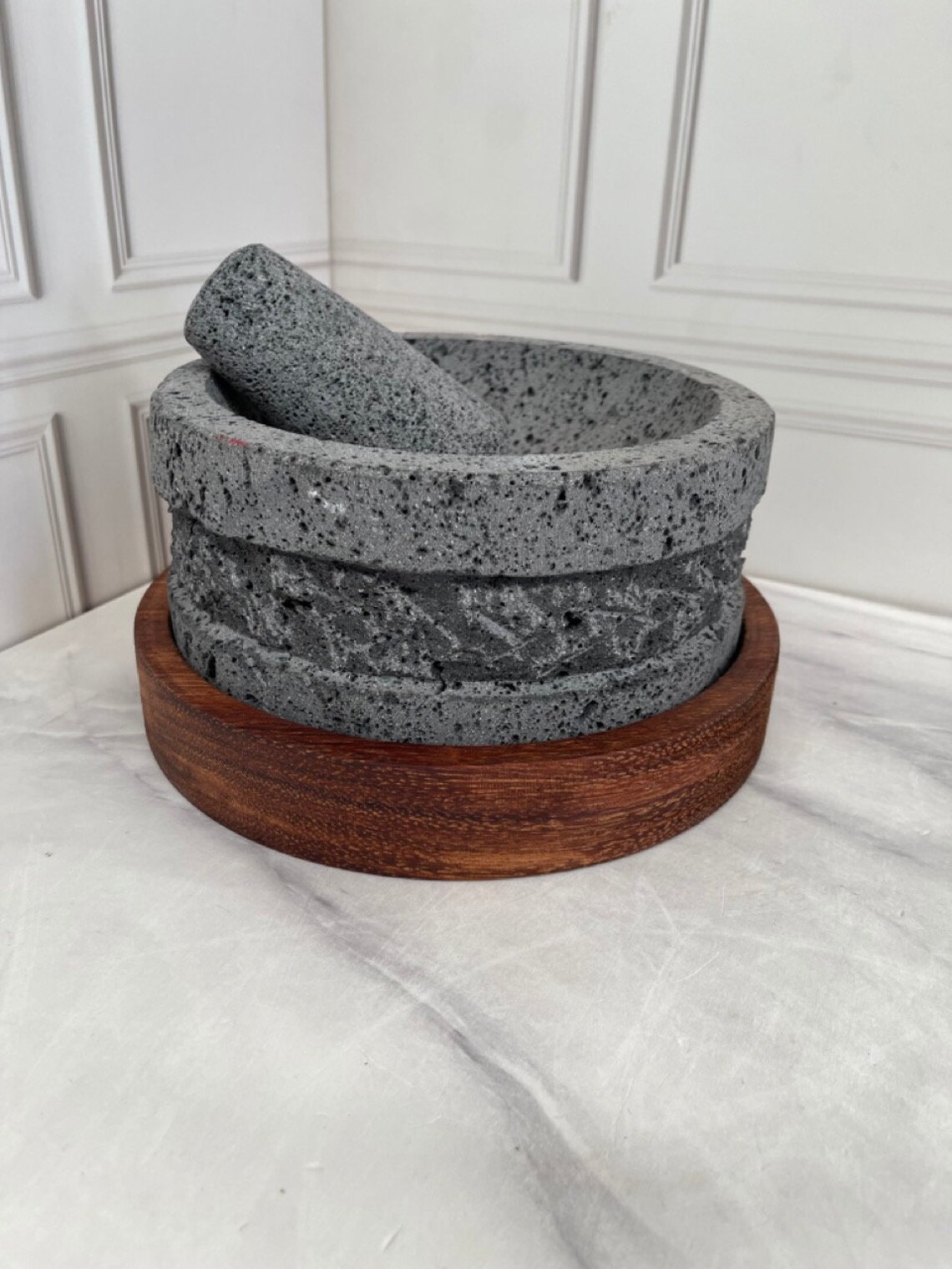 Tetexti Molcajete and Tejolote Made of Volcanic Stone With Wood Base ...