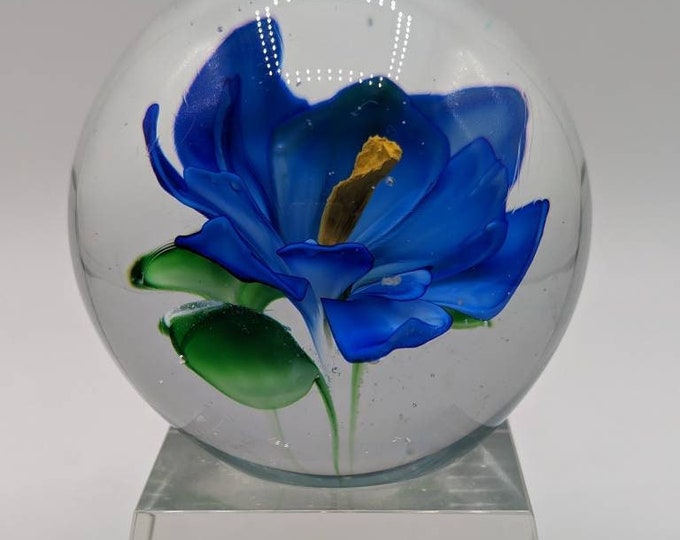 VTG Art Glass Blue Floral Orb Paperweight W/attached Clear Rhombus Base ...