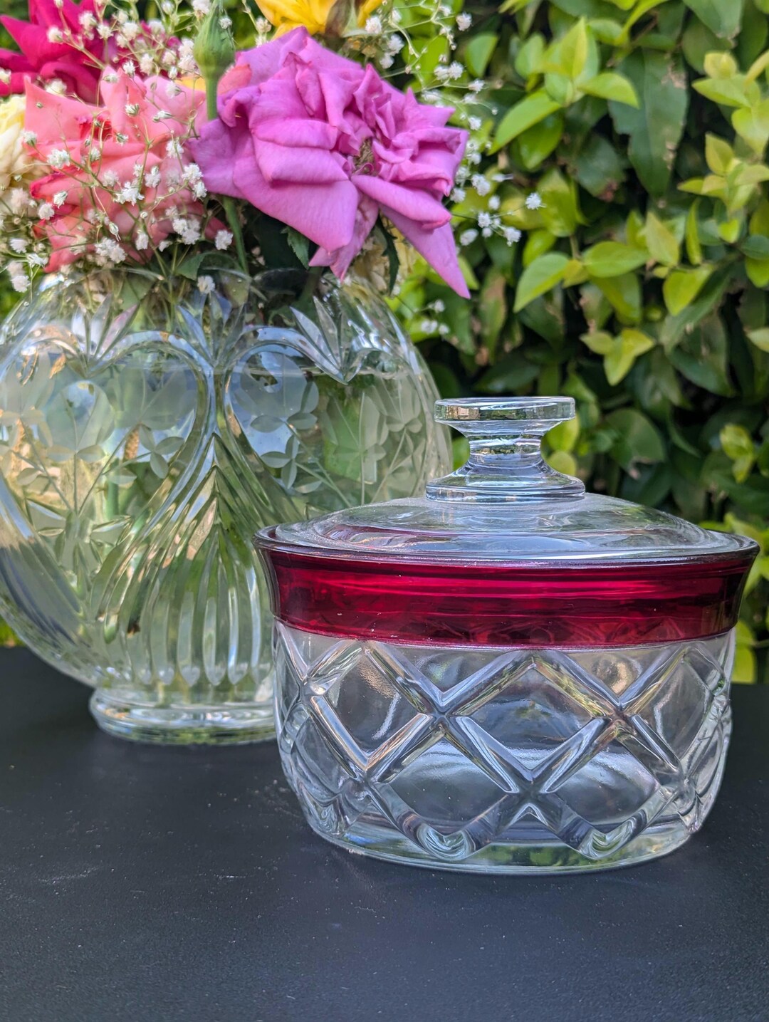 Vintage Indiana Glass Geometric Lattice Ruby Flash Band Lidded 5" Candy ...