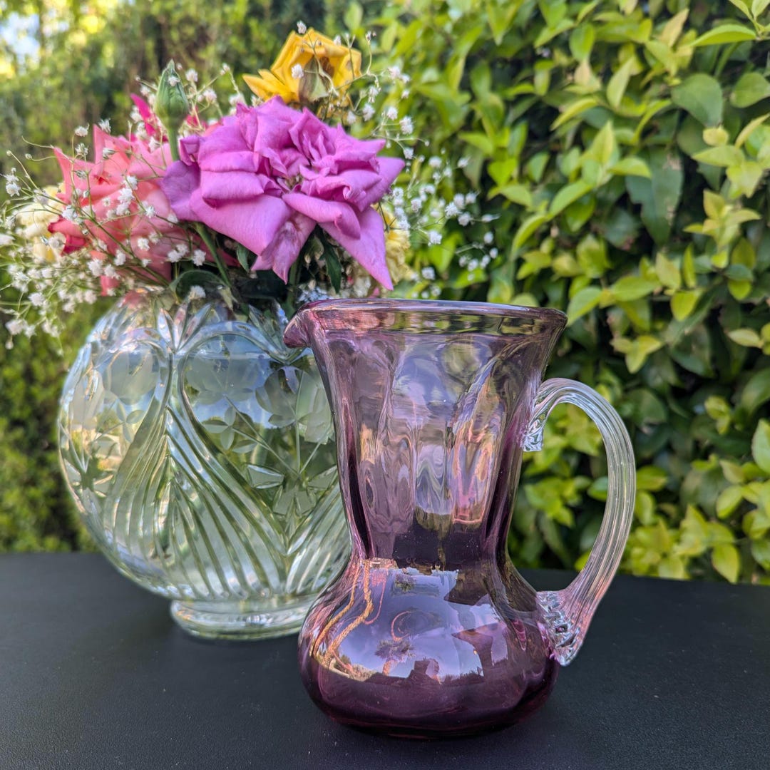 Vintage Pilgrim Cranberry Glass Pitcher: MCM Blown Glass With Clear ...