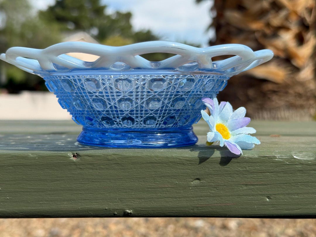 VTG Imperial Glass Open Lace Edge Button Sugar Cane Katy Blue ...
