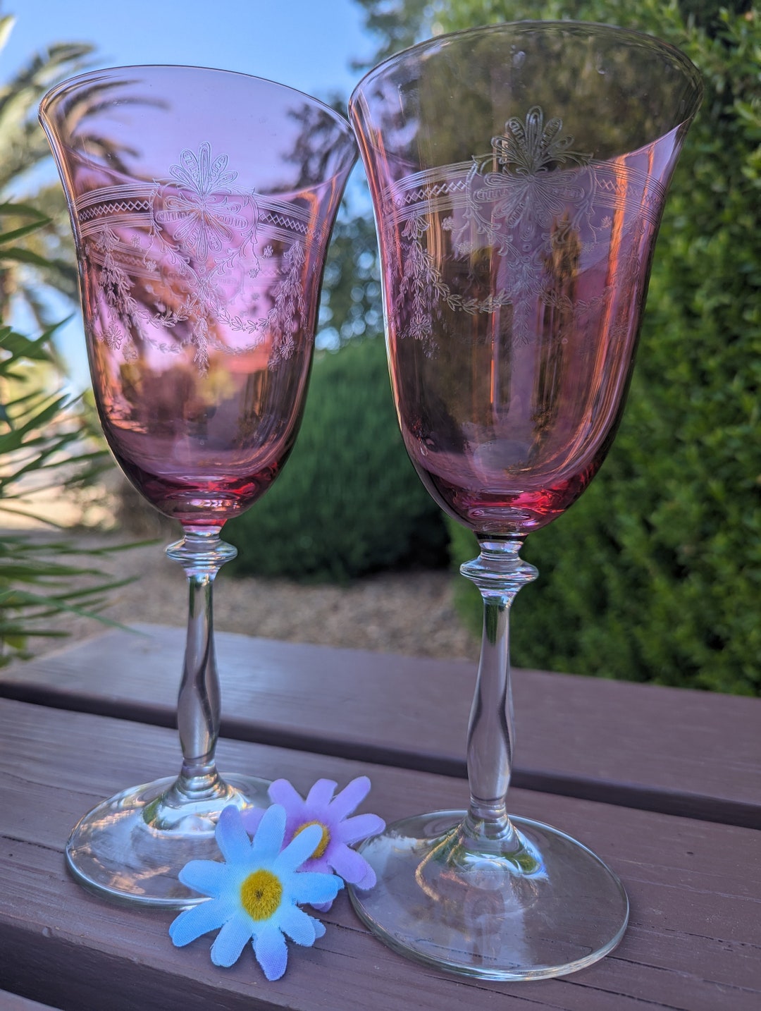 Vintage Cranberry Flashed Glass Flared Clear Stem Etched Wine Glasses ...